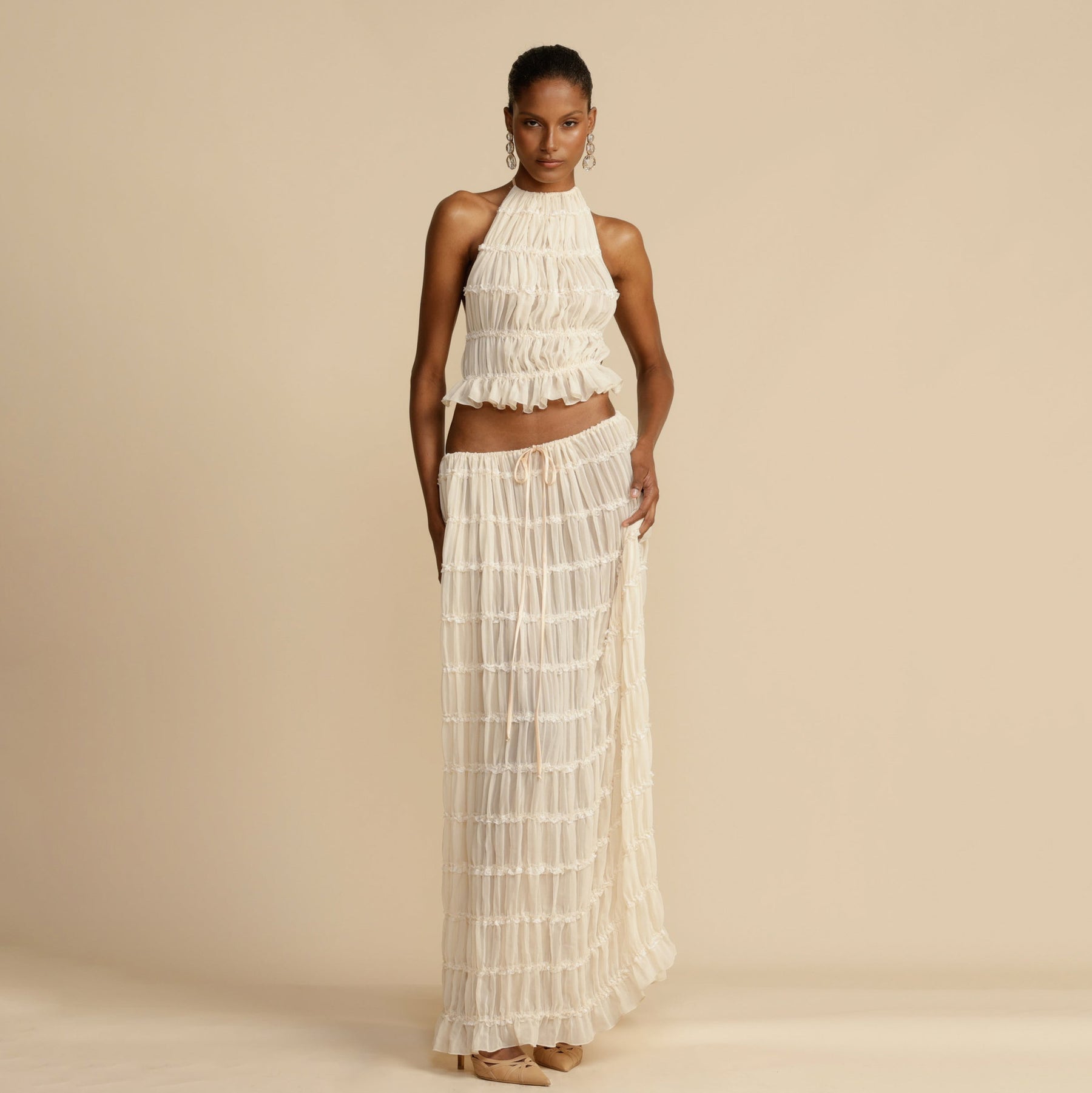 Backless Lace-up Halterneck Sling Top Suit Wooden Ear Pleated Dress ...