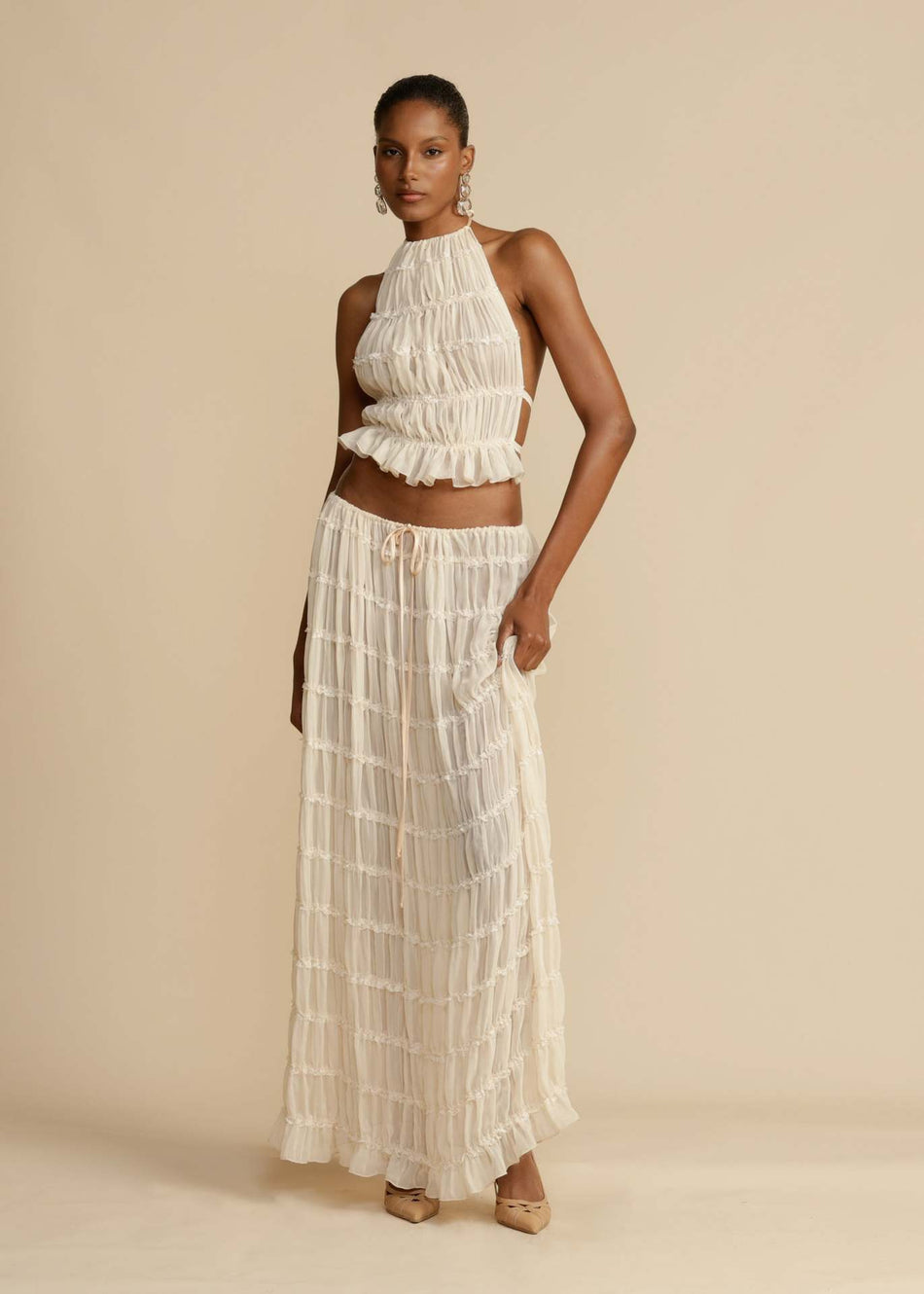 Backless Lace-up Halterneck Sling Top Suit Wooden Ear Pleated Dress ...